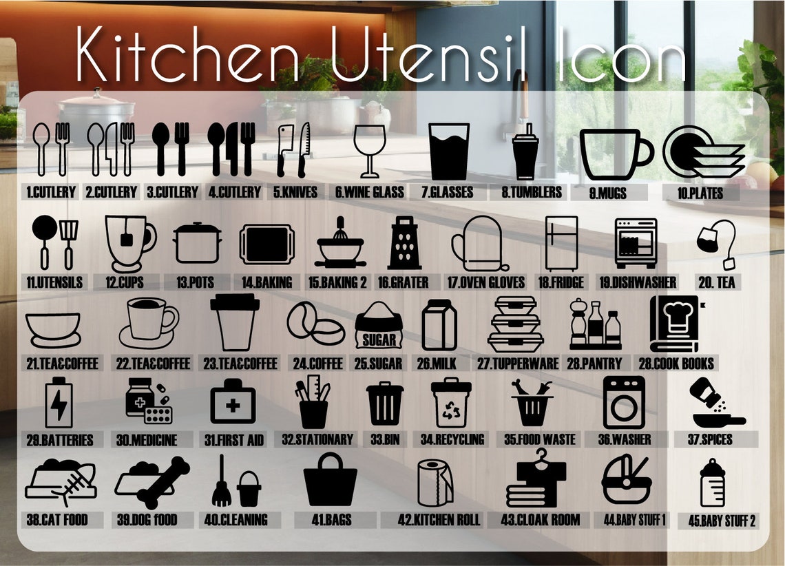 Kitchen Utensil Decals, Kitchen Organizing Labels, Kitchen Icons ...
