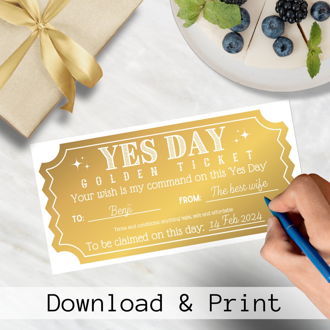 YES DAY Golden Ticket Gift Voucher Printable Last Minute Valentines ...