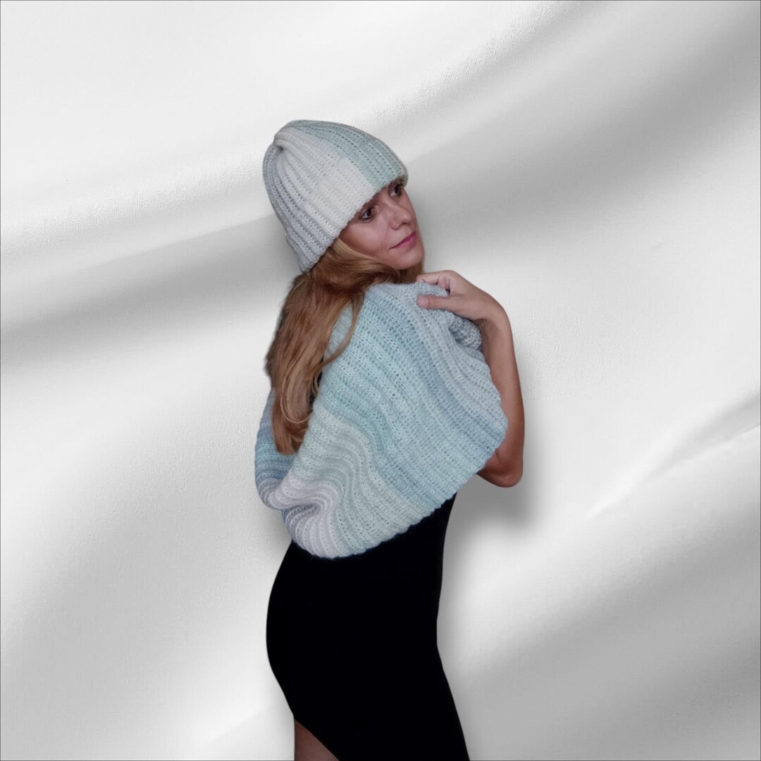 Crochet Hat & Infinity Scarf, Alpaca Winter Elegant Luxury Women's Blue ...