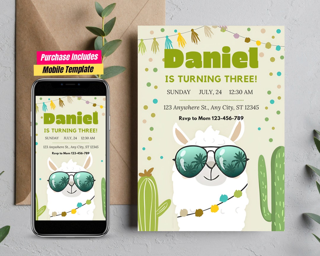 Llama Birthday Party Invitation Set, Customizable Cute Alpaca Invites ...