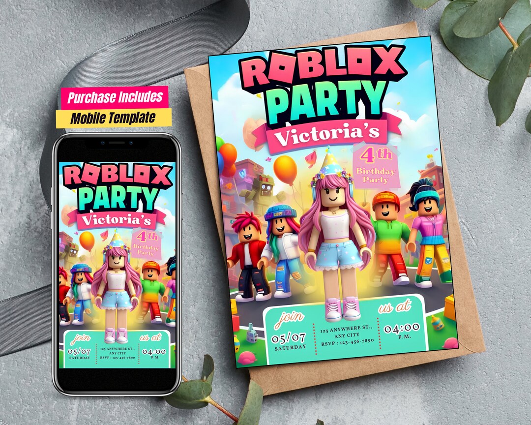 Cute Roblox Girl Invitation Custom Kid's Gaming Party Invite Printable ...