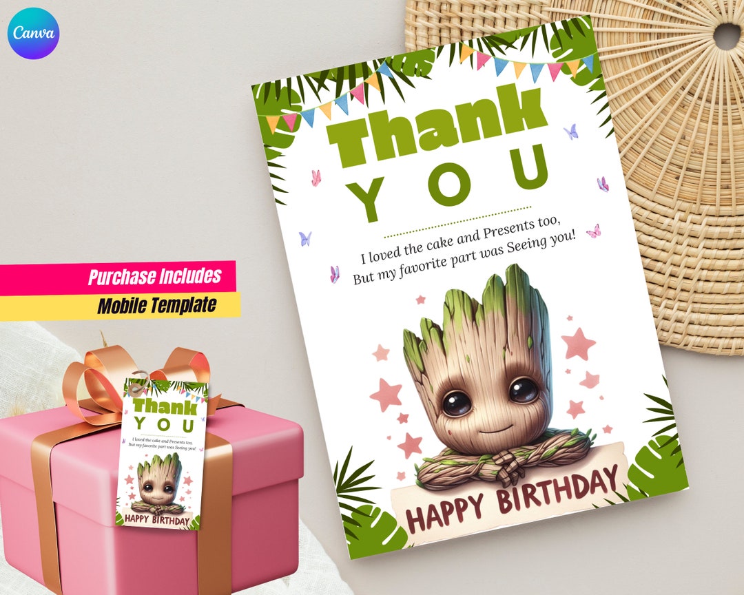 Editable Groot Thank You Party Cards Groot Thank You Party Stickers ...
