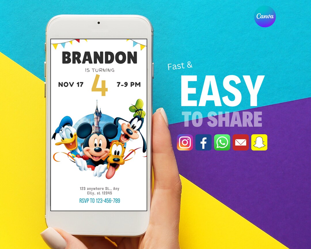 Editable Mickey Mobile Birthday Invitation Card Cartoon Mickey Mouse ...