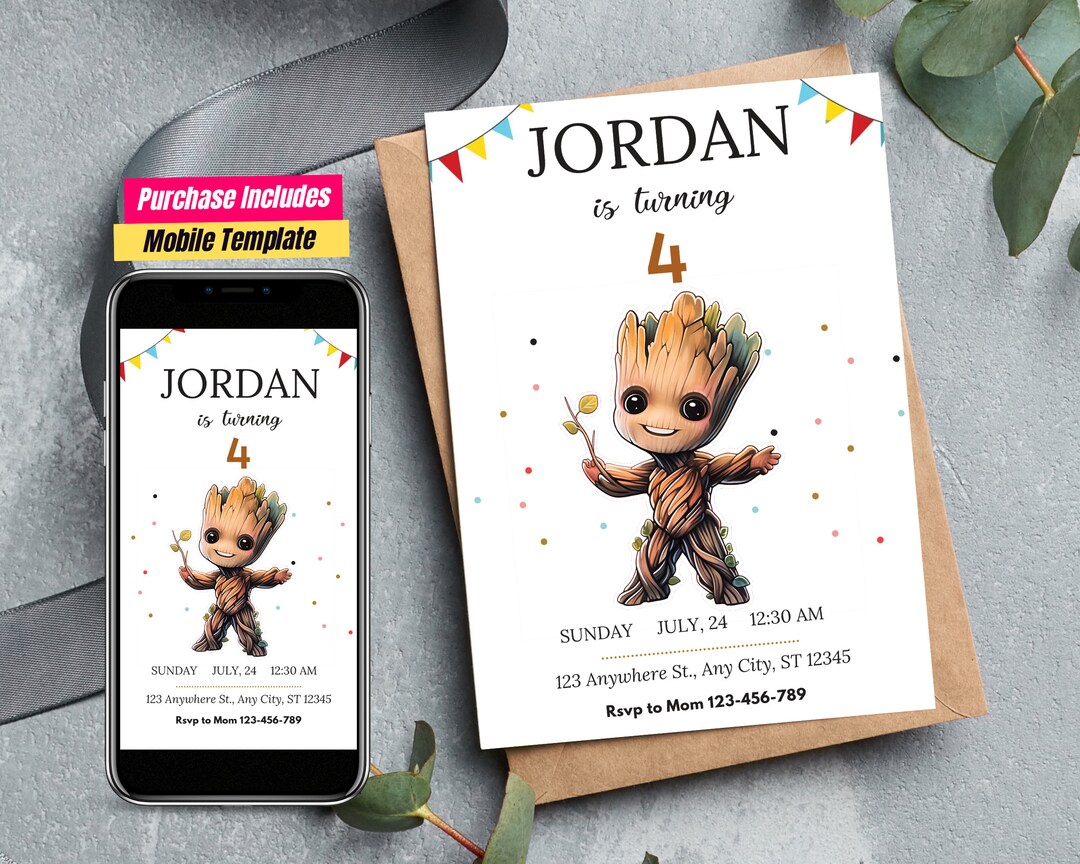 Groot Birthday Invitation Template, Printable Birthday Party Invitation ...