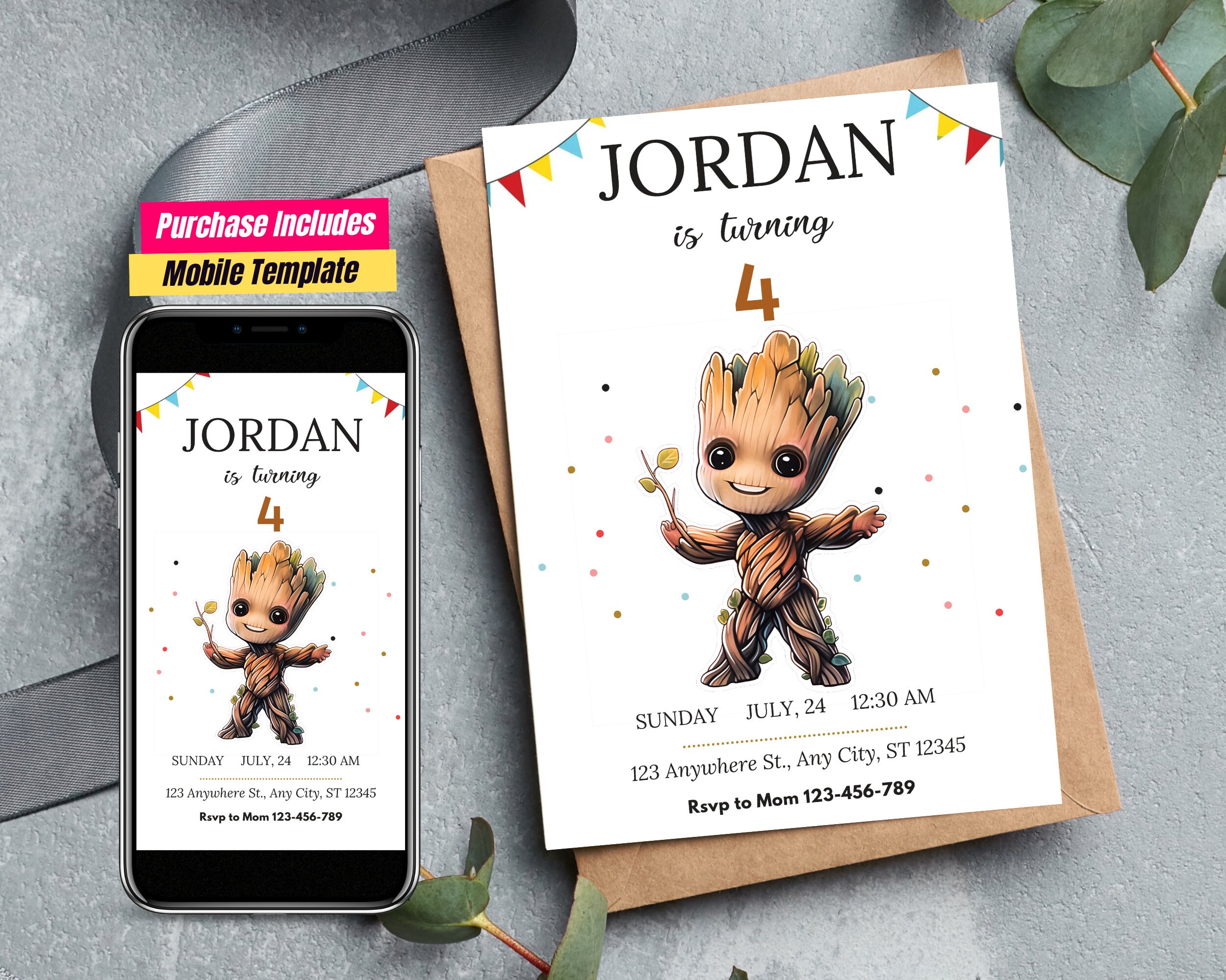Groot Birthday Invitation Template, Printable Birthday Party Invitation ...