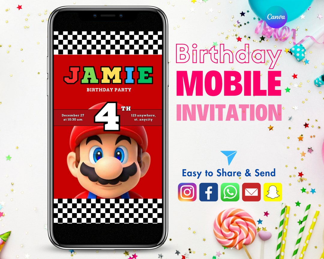 Super Mario Mobile Birthday Invitation Printable Super Mario Phone ...