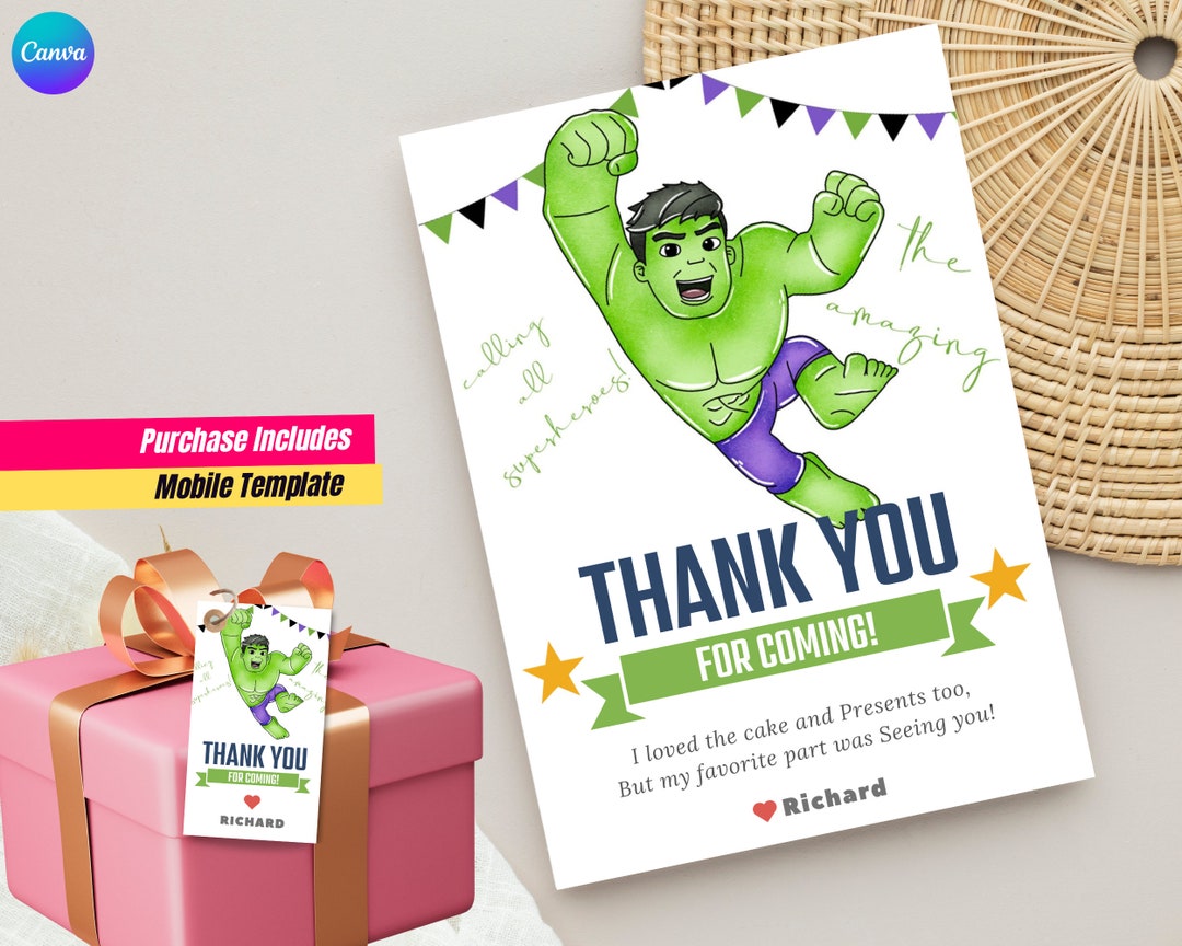 Editable the Incredible Hulk Thank You Party Cards Hulk Thank You Party ...