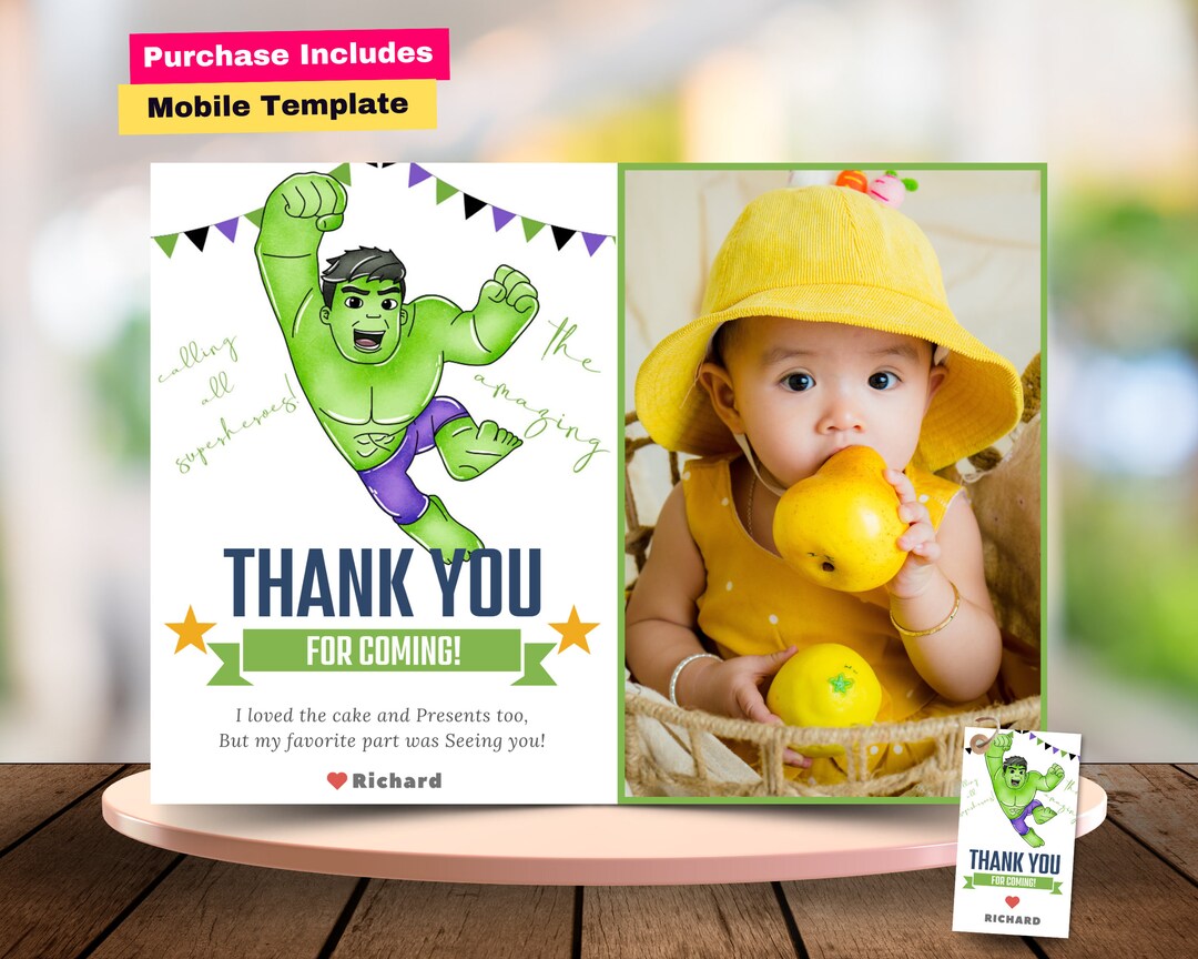 The Incredible Hulk Photo Thank You Card Instant Download Hulk Thank ...