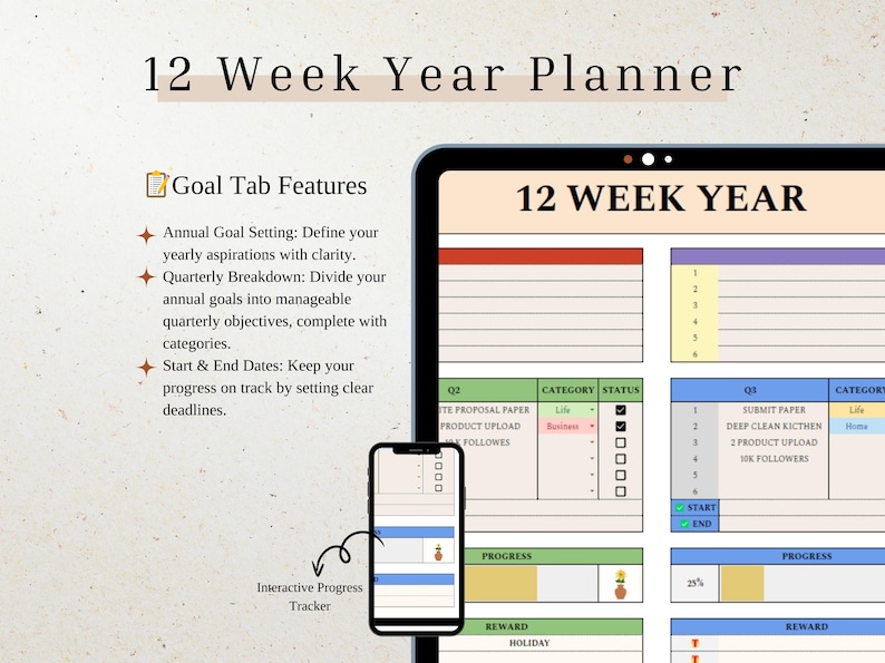 12 Week Year Planner Google Sheets Template, 12 Week Goal Planner ...