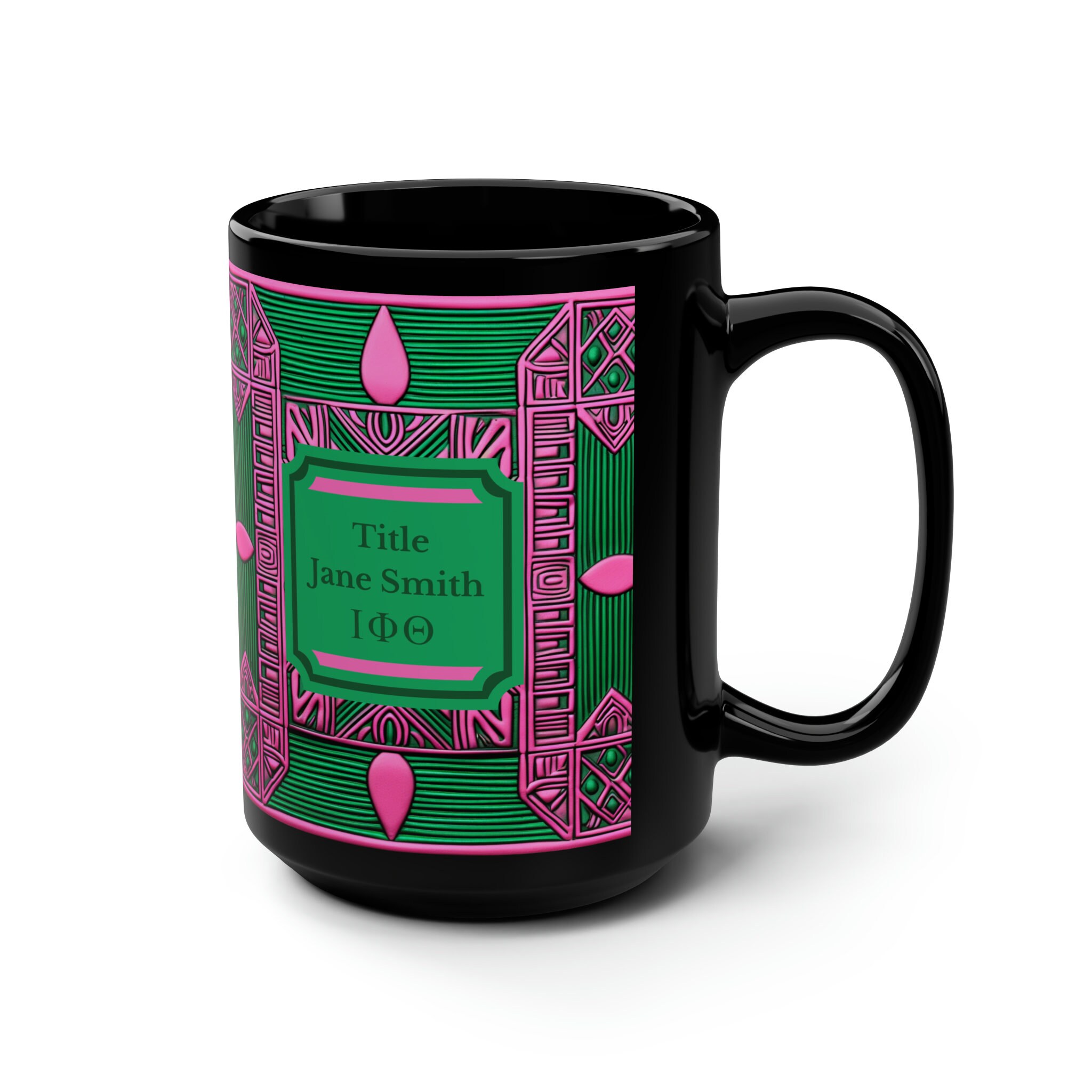 Personalized Mug With GREEK Letters. Pretty Pink and Green "embossed ...