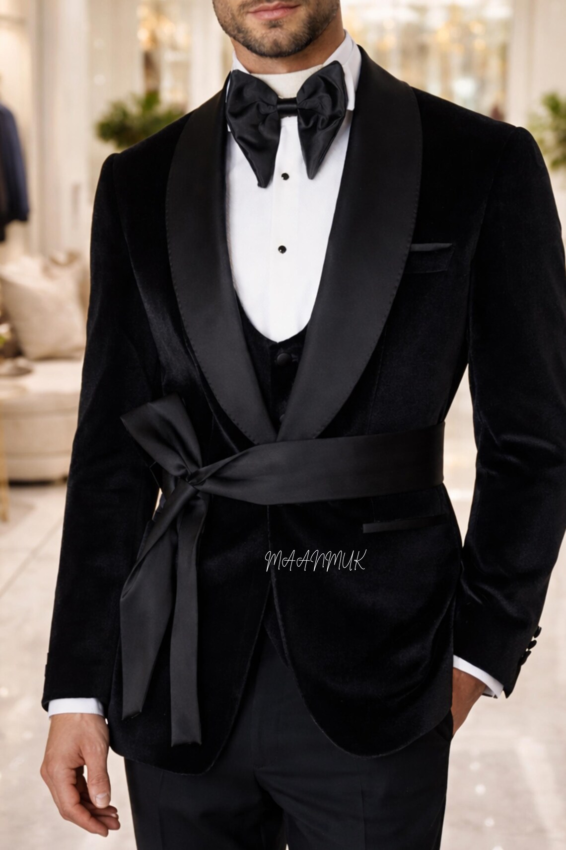 Men's Black Velvet Tuxedo With Satin Shawl Lapel & Waist Tie Sash ...