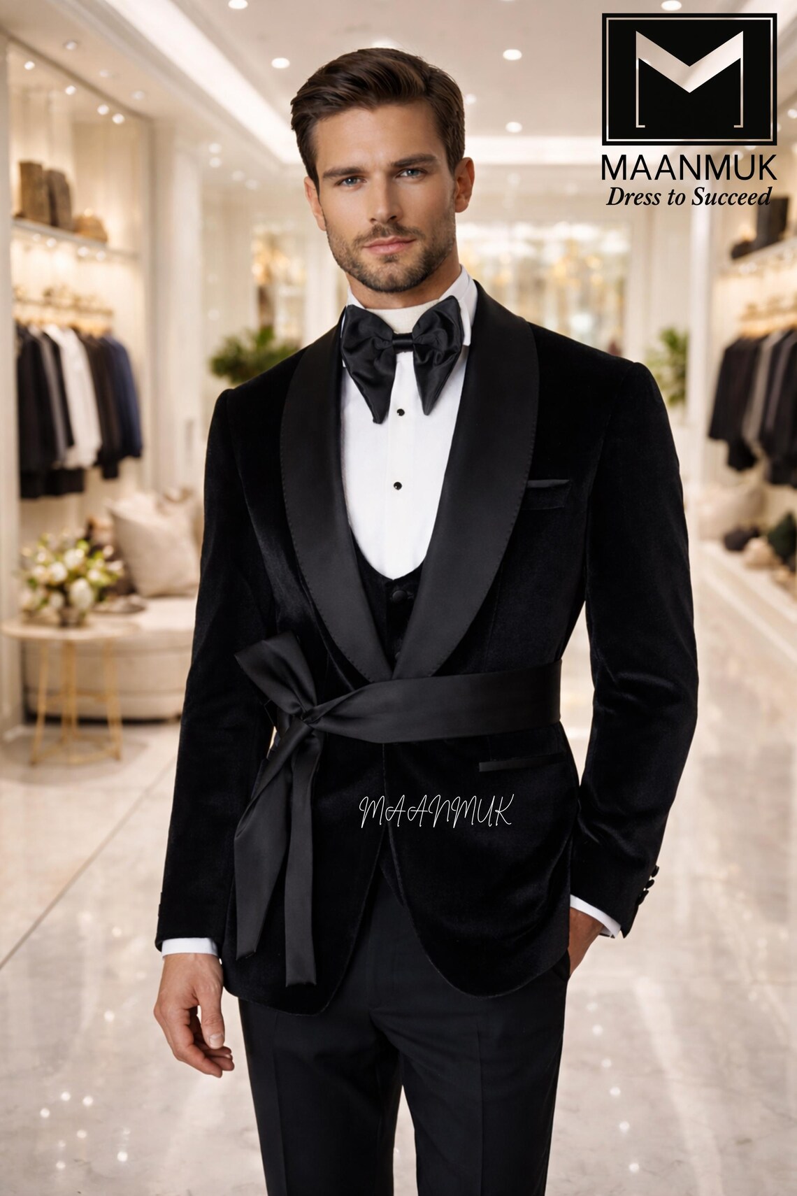 Men's Black Velvet Tuxedo With Satin Shawl Lapel & Waist Tie Sash ...