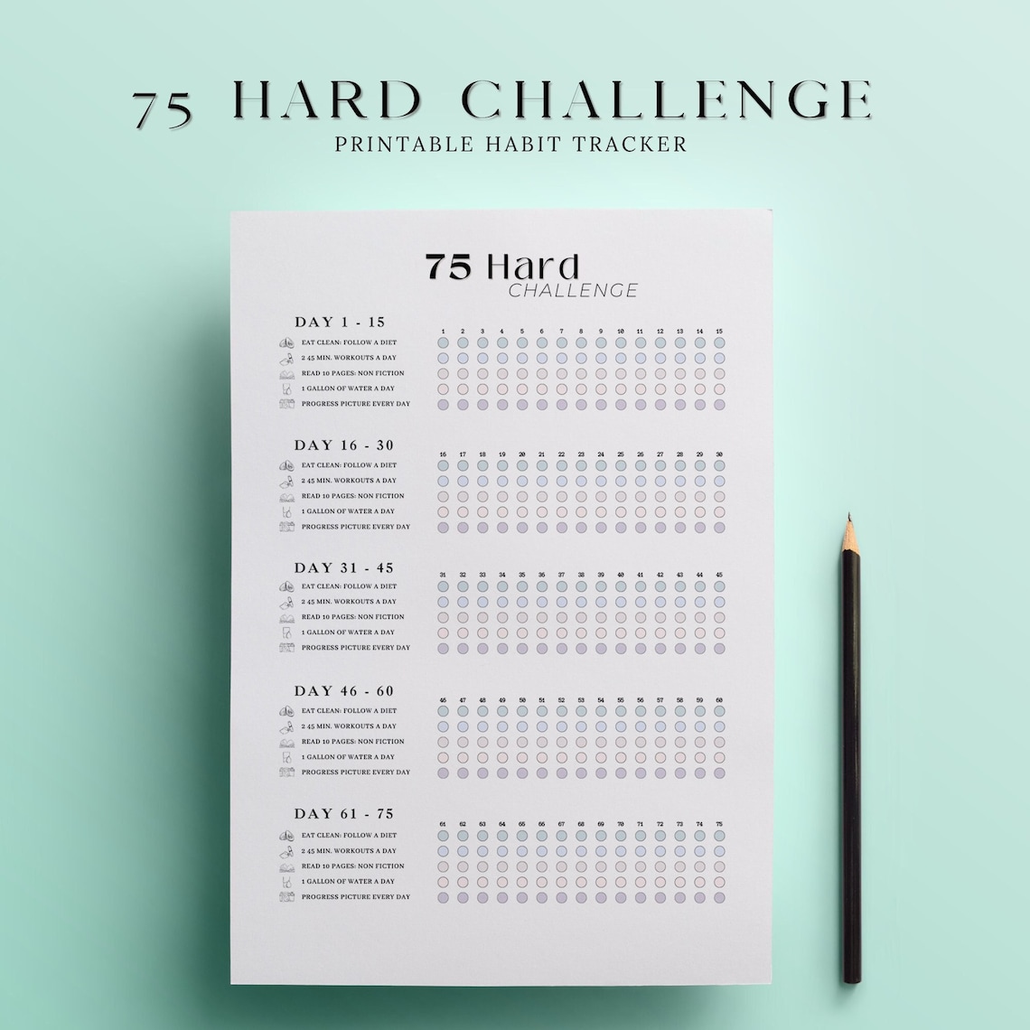 PRINTABLE 75 Hard Challenge Habit Tracker Digital Download 75 Day ...