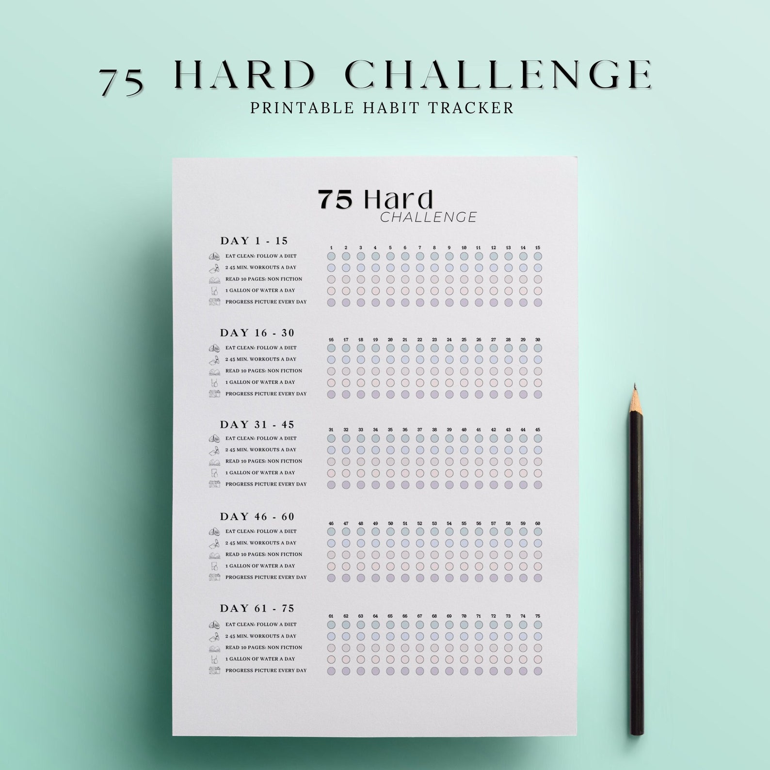 PRINTABLE 75 Hard Challenge Habit Tracker Digital Download 75 Day ...