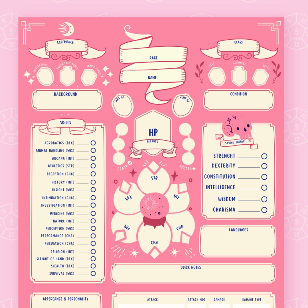 Pink Dnd Character Sheet, Girly Dnd, Dungeons and Dragons Character ...