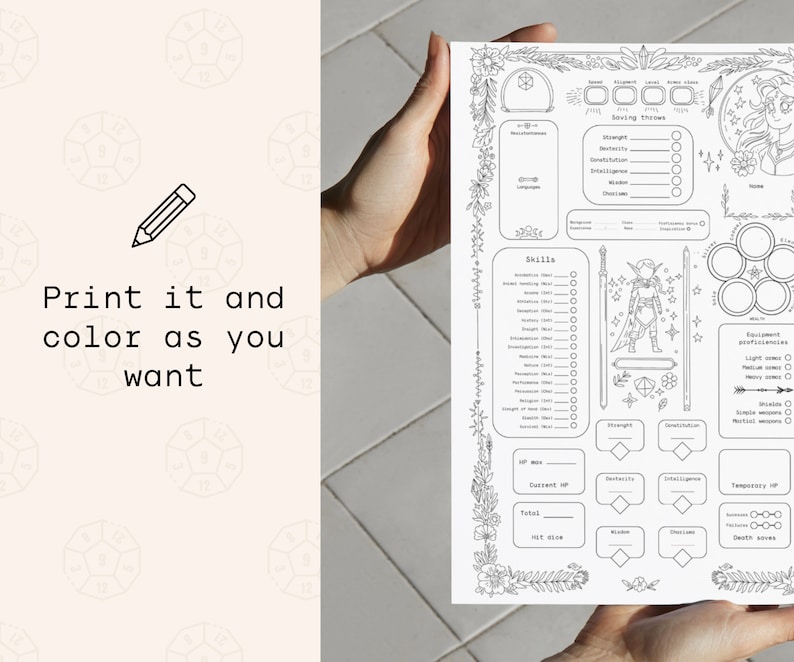 Dnd Character Sheet, DND Coloring Page Elf, RPG Character Sheets, Print ...