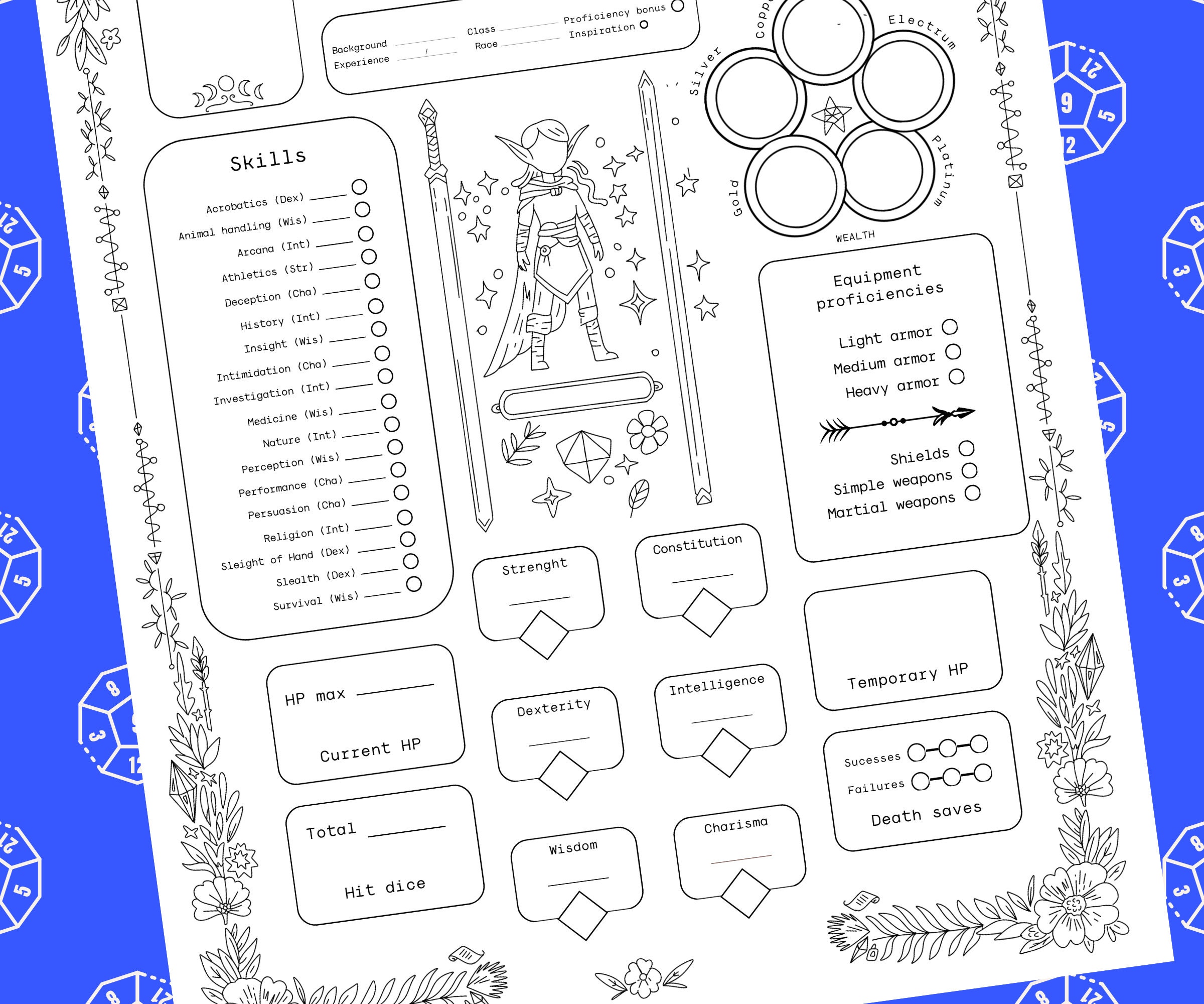 Dnd Character Sheet, DND Coloring Page Elf, RPG Character Sheets, Print ...