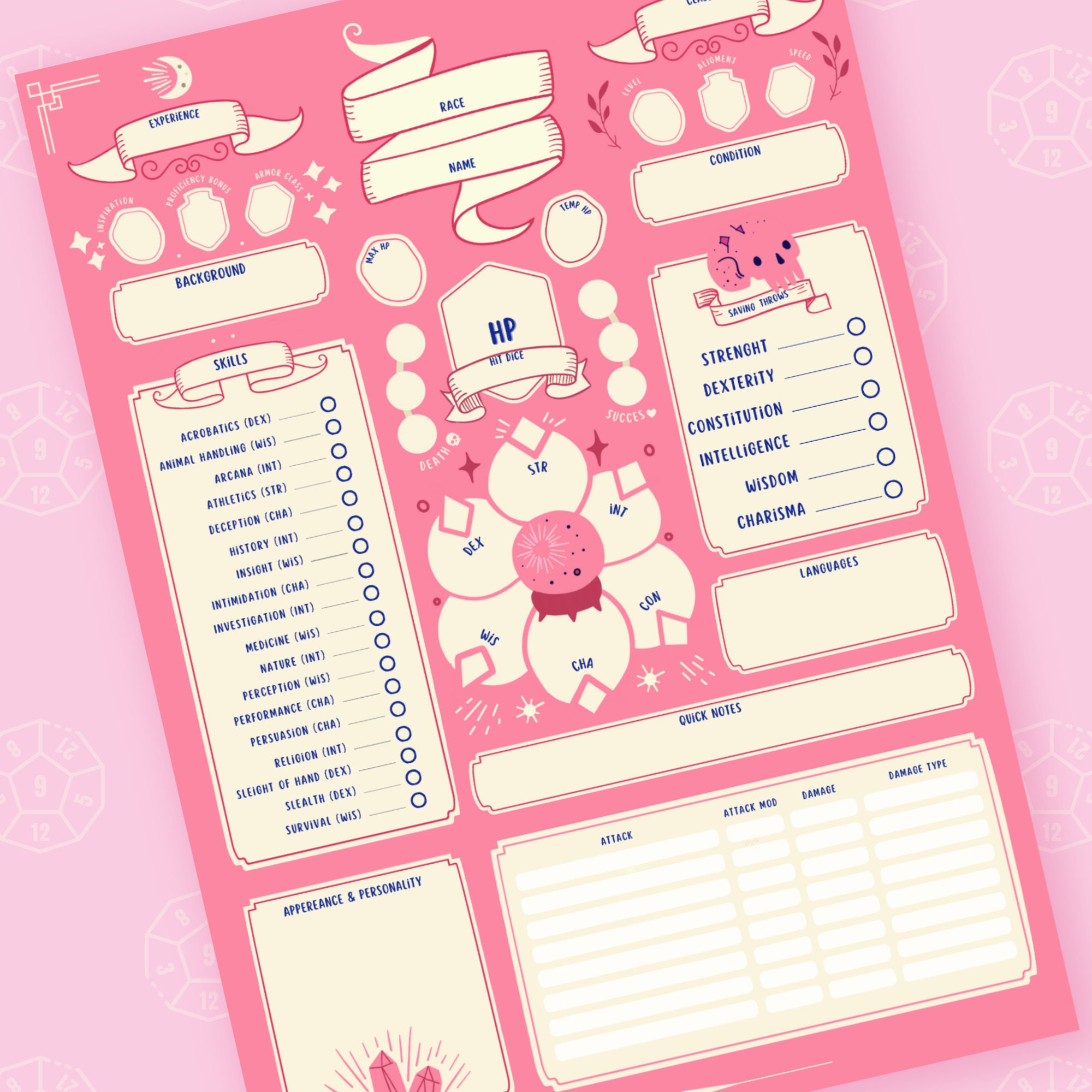 Pink Dnd Character Sheet, Girly Dnd, Dungeons and Dragons Character ...