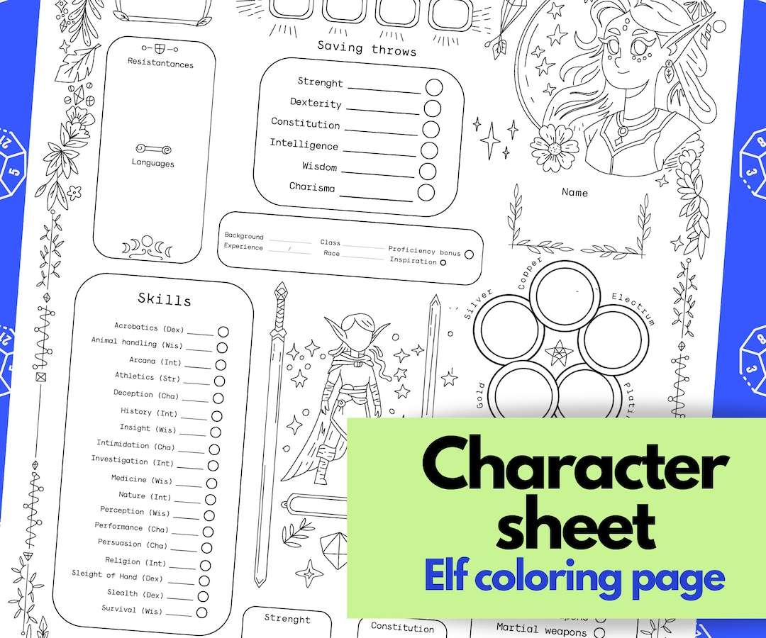 Dnd 5e Character Sheet Coloring Page Elf Printable 5th - Etsy