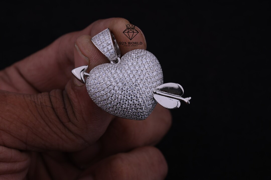 Iced Out Heart With Arrow Pendant Necklace, VVS Moissanite Diamond 925 ...