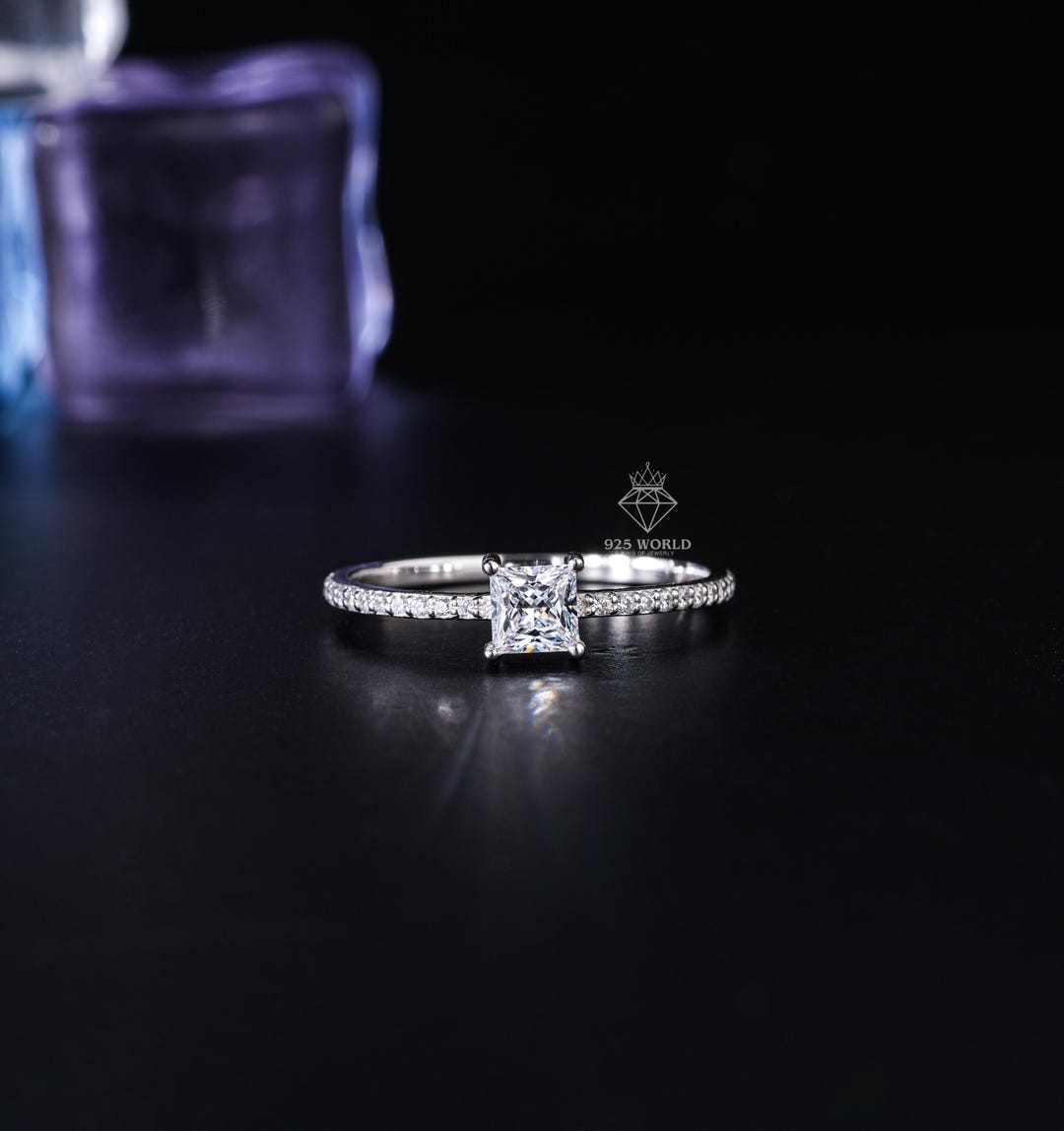 Princess Cut Simulated Diamond Pave Engagement Ring,925 Silver Wedding ...