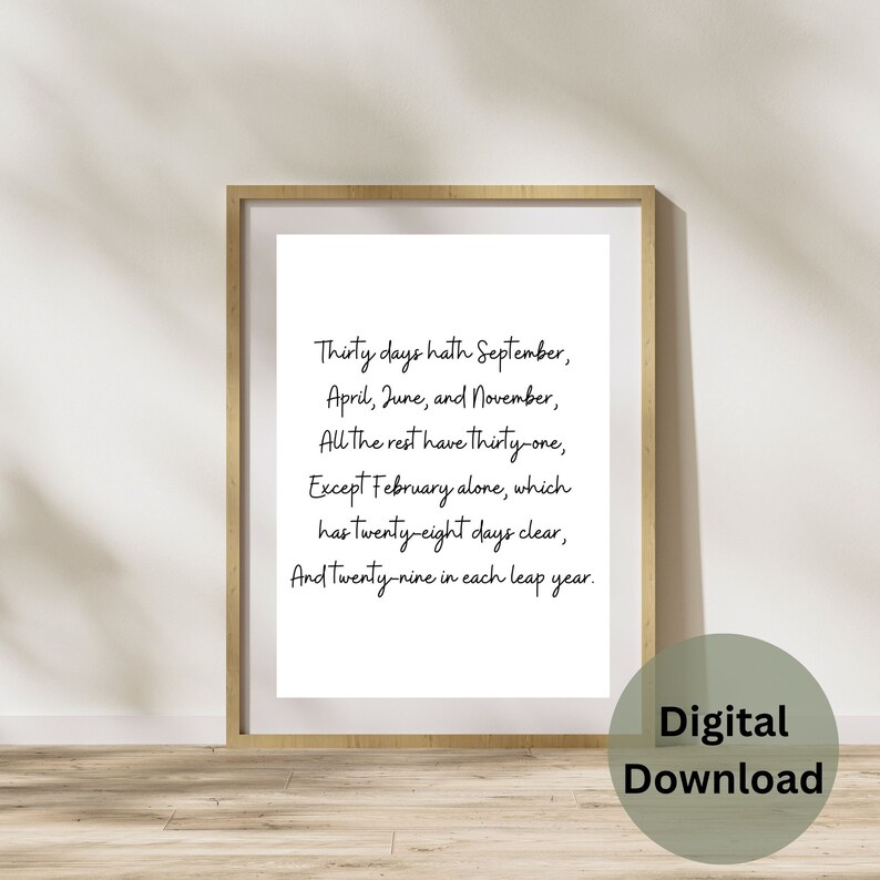 Thirty Days Hath September Days in A Month Rhyme Digital Downloadable ...