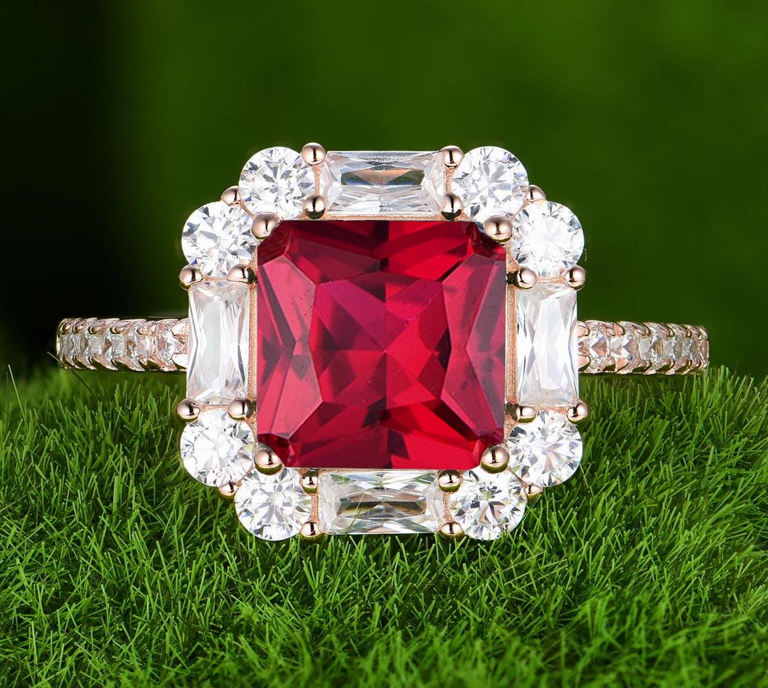 Handmade Art Deco Lab Ruby Ring, Square Halo, Moissanite, 925 Silver - Etsy