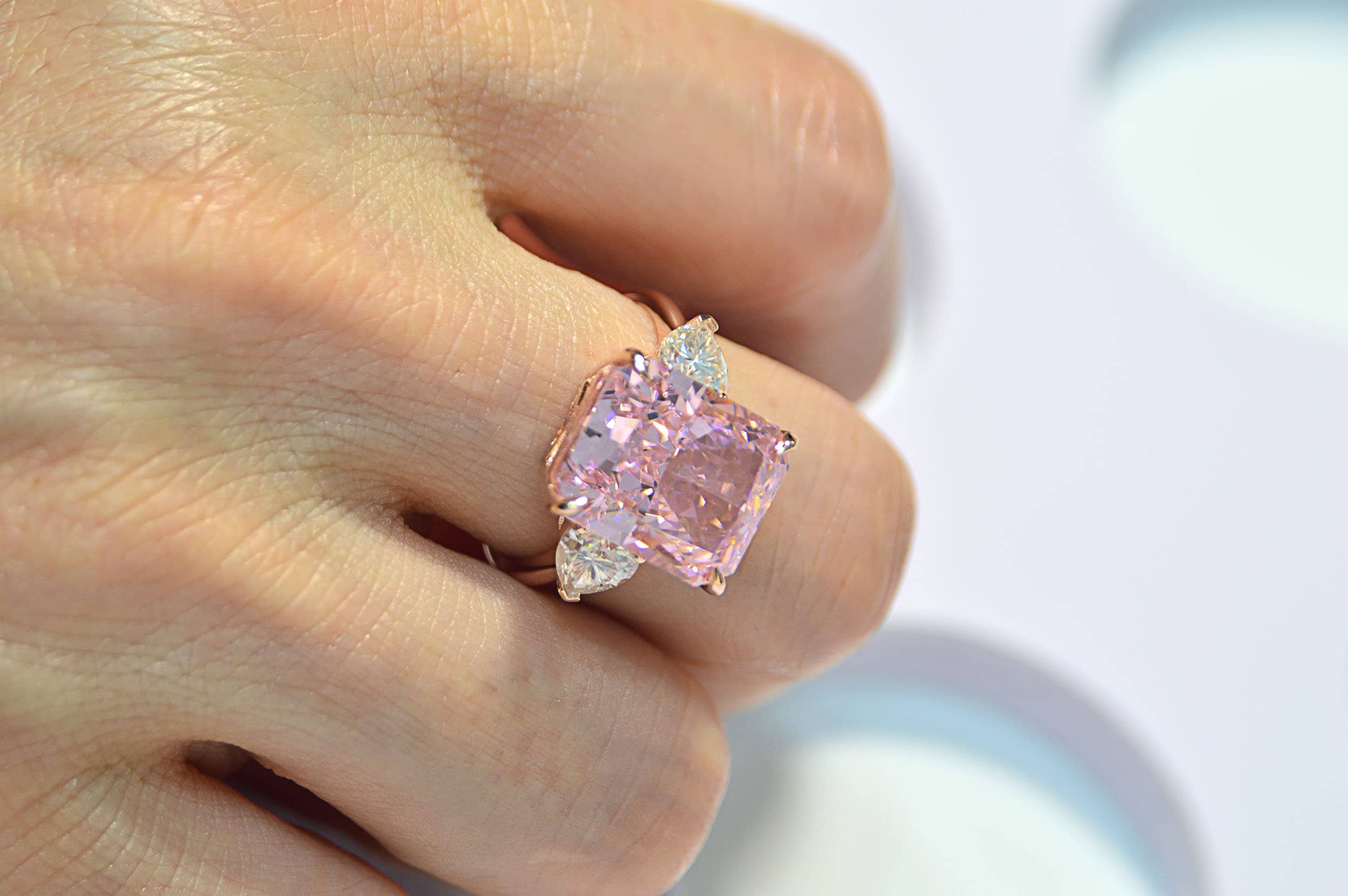 Emerald Cut Sparkling Pink Zircon Ring Heart Cut Moissanite Engagement ...