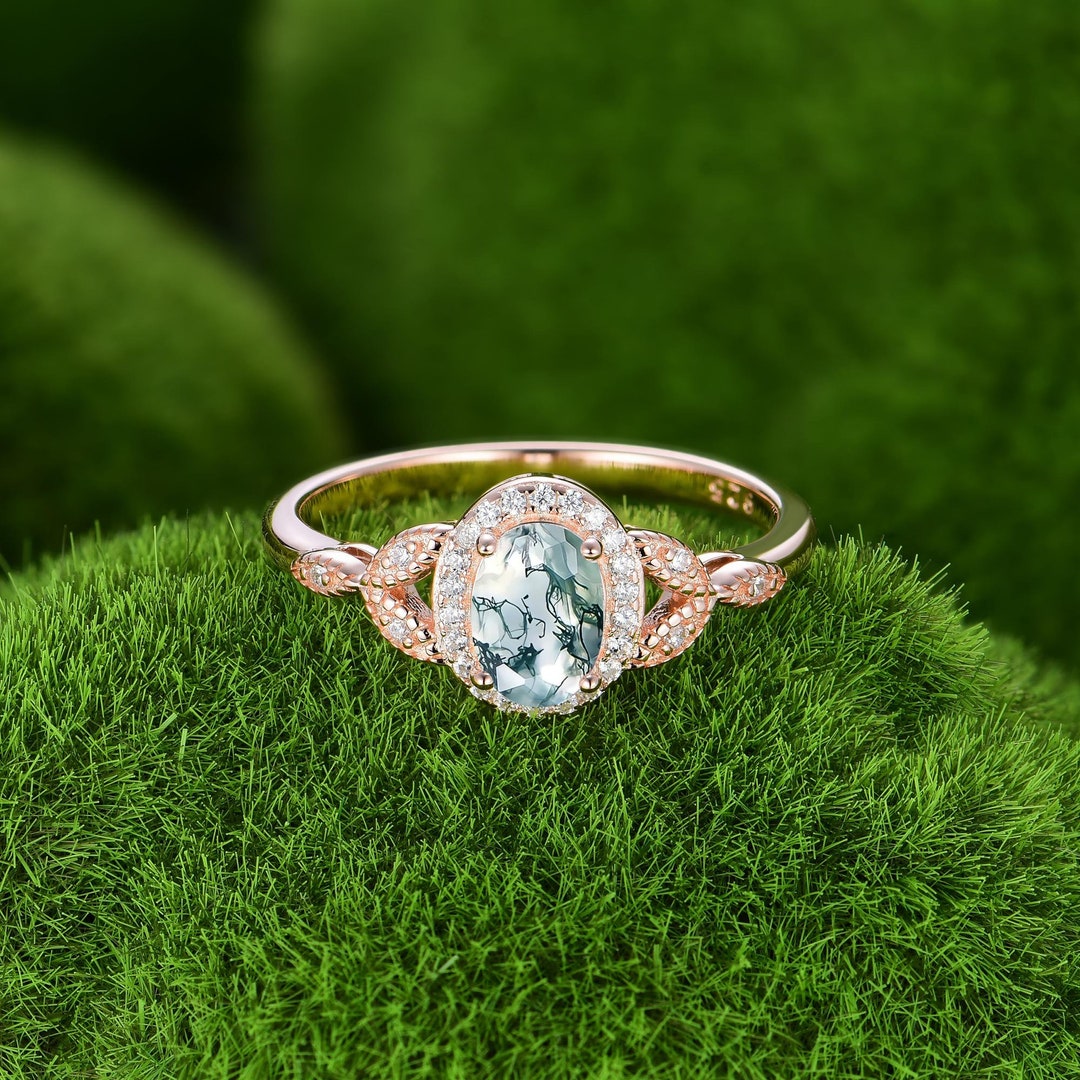 Art Deco Oval Moss Agate Ring, Rose Gold Cluster Engagement Ring - Etsy