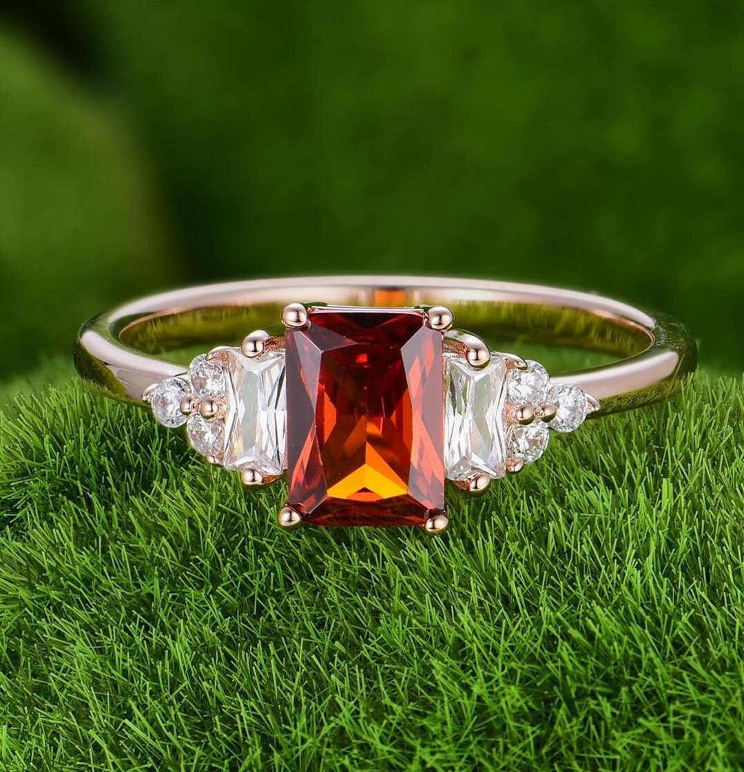 Vintage Emerald Cut Red Ruby Rings for Women Rose Gold Ruby Engagement ...
