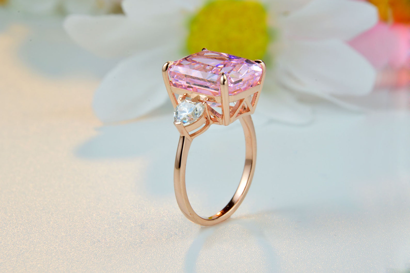 Emerald Cut Sparkling Pink Zircon Ring Heart Cut Moissanite Engagement ...