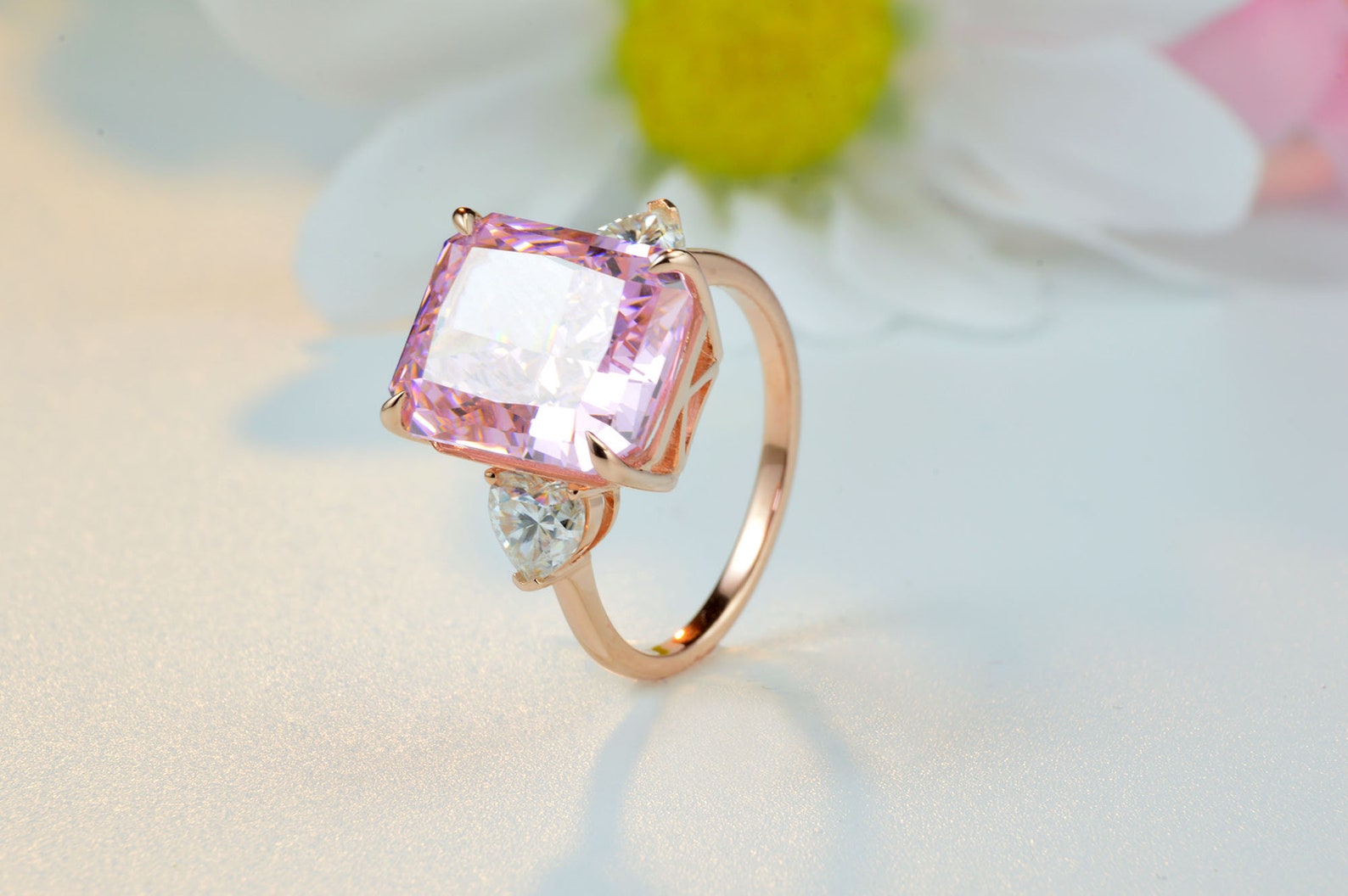 Emerald Cut Pink Zircon Ring, Heart Moissanite Accents, Handmade - Etsy