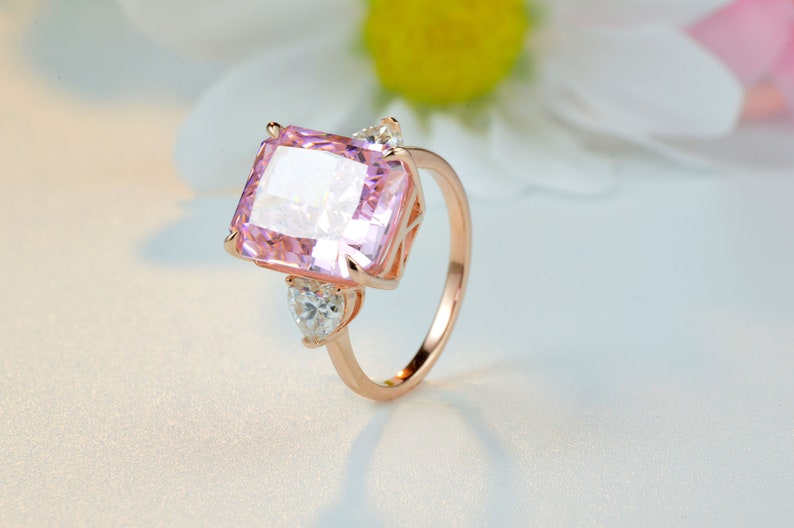 Emerald Cut Sparkling Pink Zircon Ring Heart Cut Moissanite Engagement ...