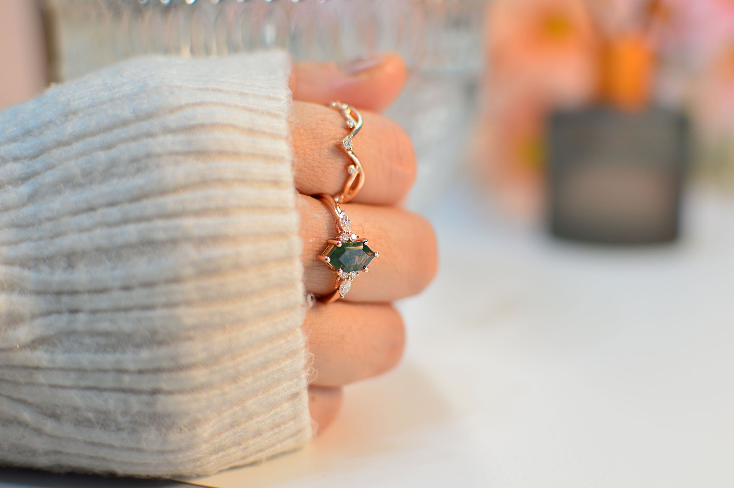 Hexagon Moss Agate Engagement Ring Set, Rose Gold Moissanite Bridal Set ...