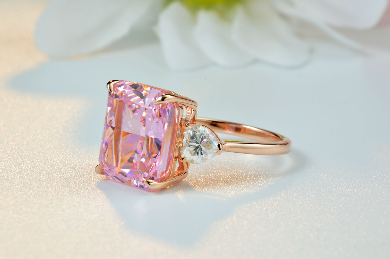 Emerald Cut Sparkling Pink Zircon Ring Heart Cut Moissanite Engagement ...