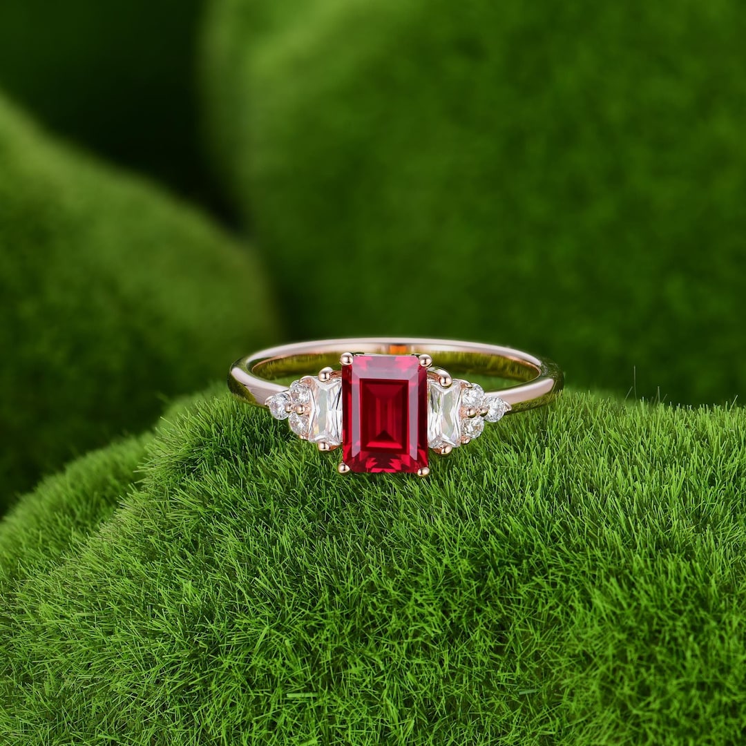 Vintage Emerald Cut Red Ruby Rings for Women Rose Gold Ruby Engagement ...