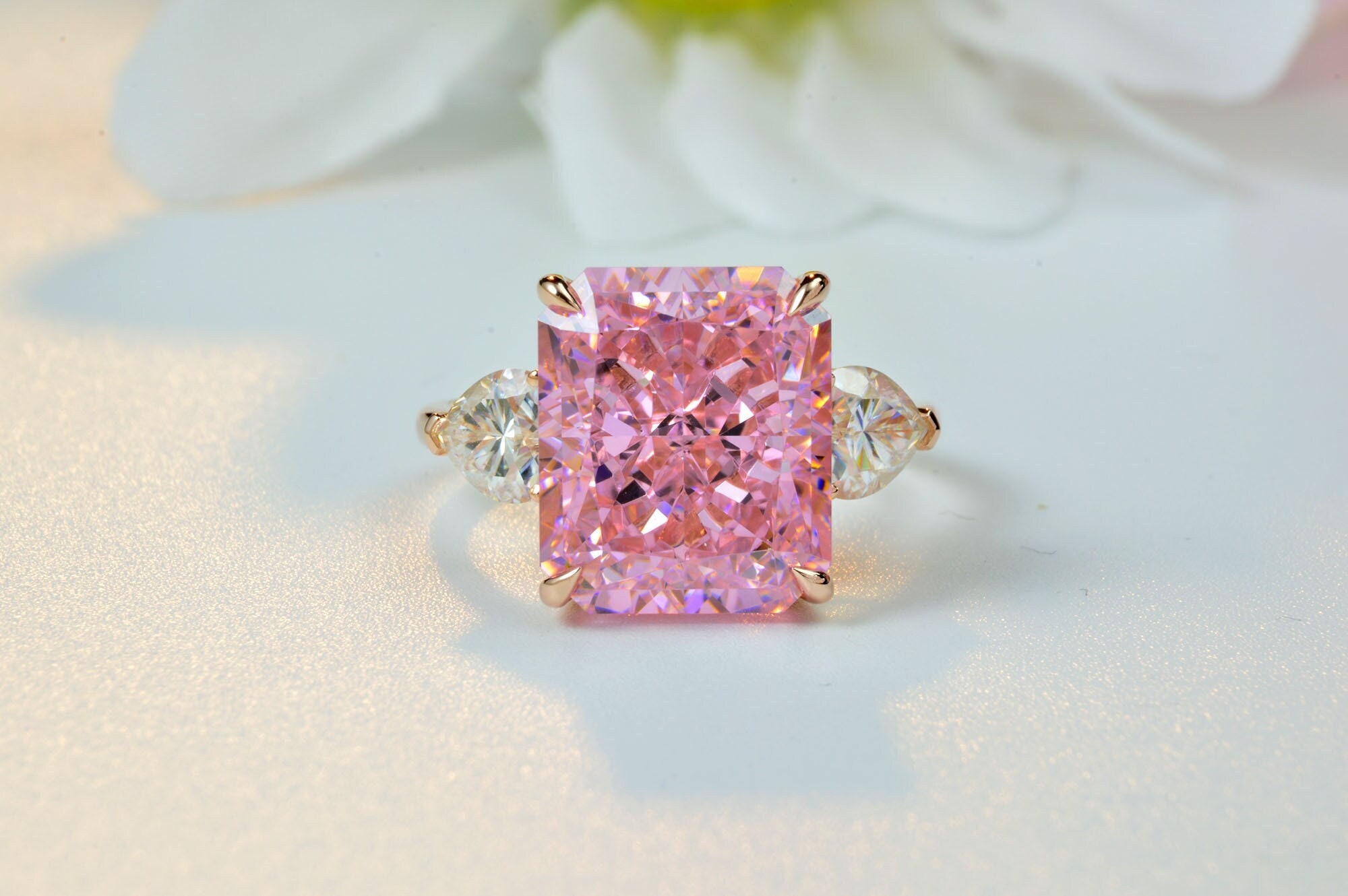 Emerald Cut Pink Zircon Ring, Heart Moissanite Accents, Handmade - Etsy