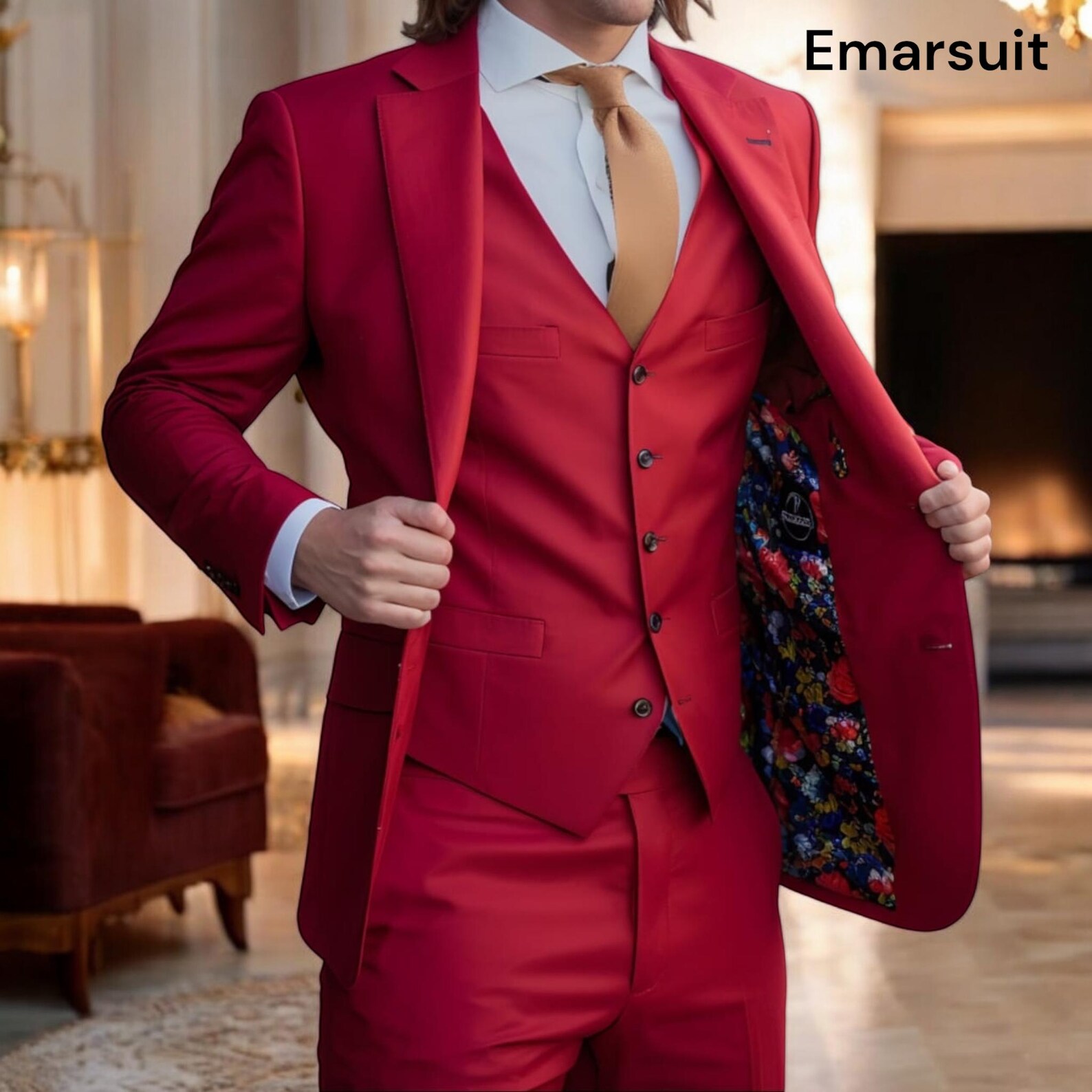THREE PIECE SUIT - Men Red Suit - Men Wedding Suit - Men Suit - Gift ...