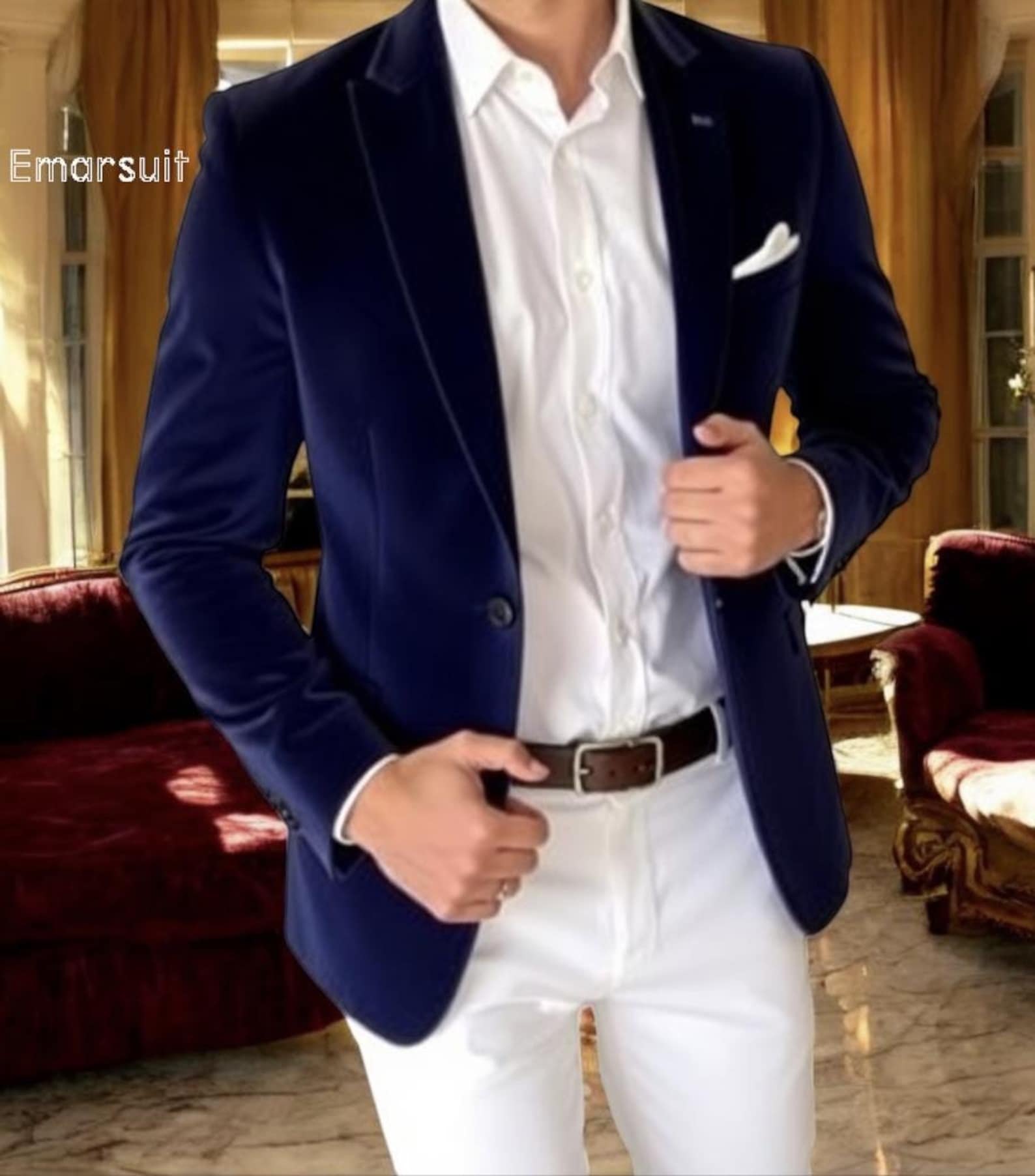 Men's Blazer - Blue Velvet Blazer for Men - Elegant Blue Velvet Jacket ...