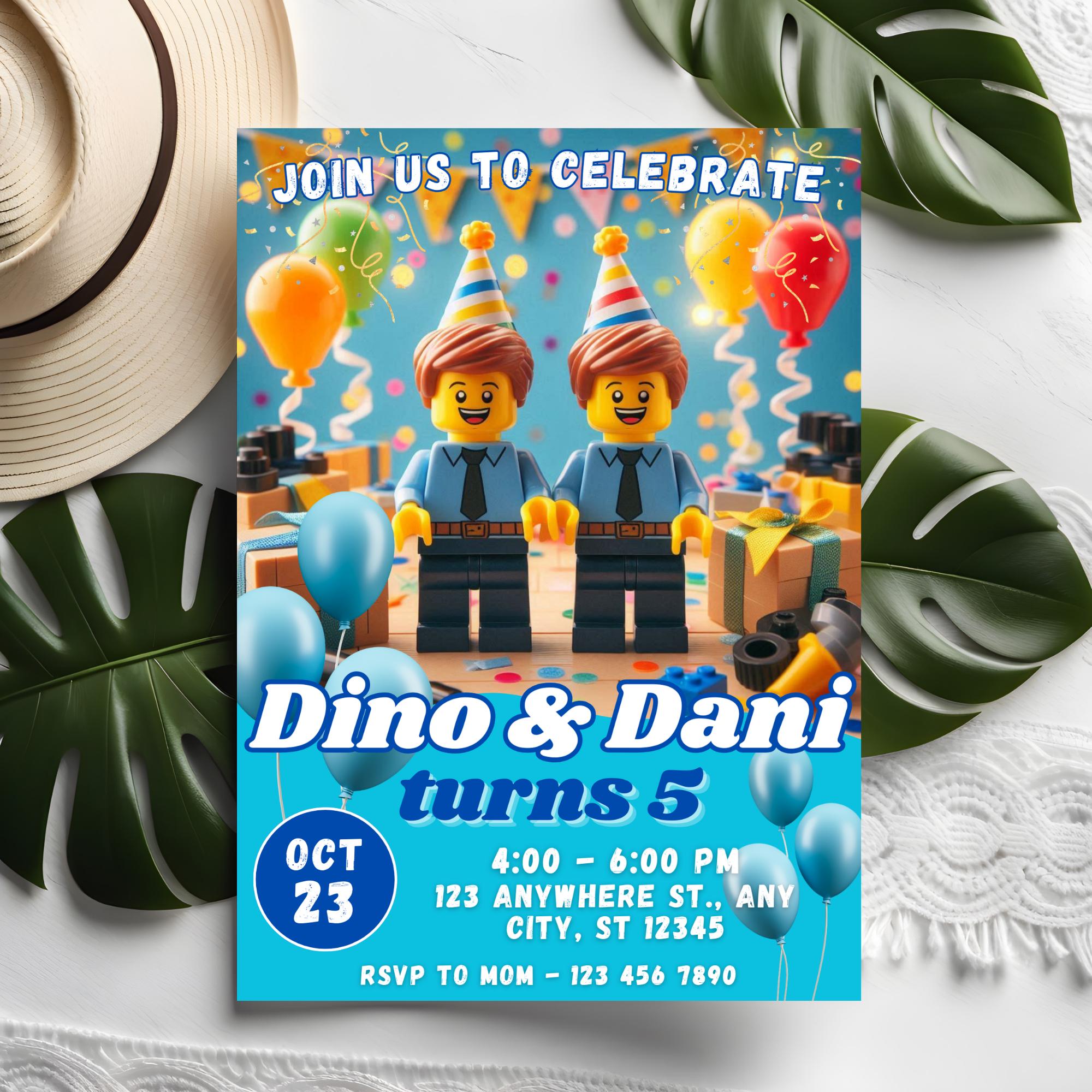 Editable Building Blocks Birthday Invitation for Boy Twins Building ...