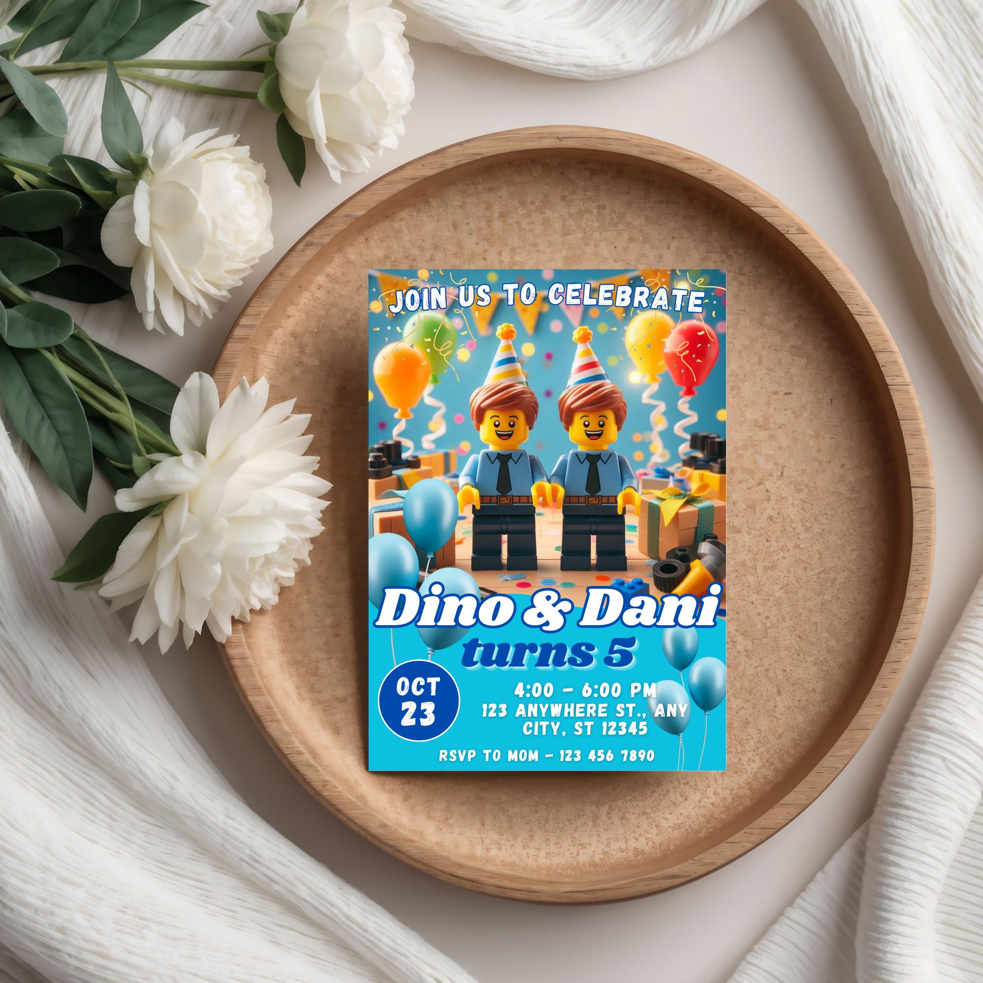 Editable Building Blocks Birthday Invitation for Boy Twins Building ...