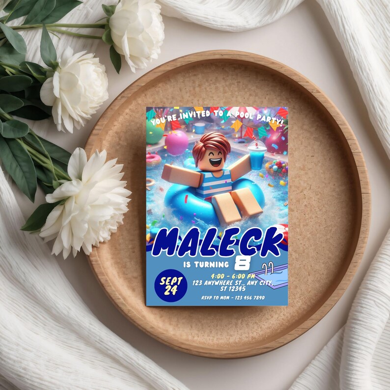 Roblox Birthday Invitation Editable Template Roblox Pool Party Birthday ...