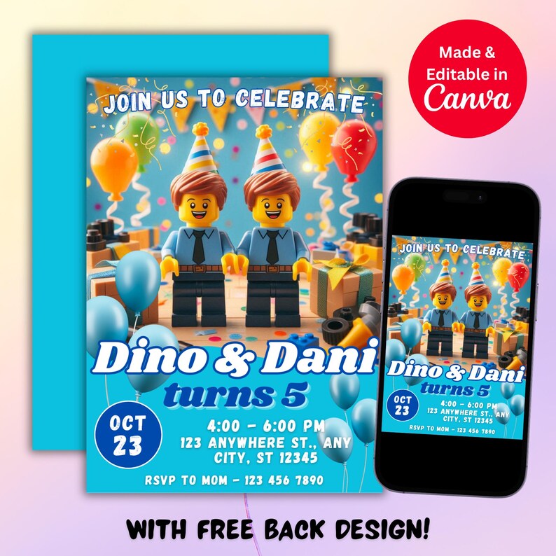 Editable Building Blocks Birthday Invitation for Boy Twins Building ...