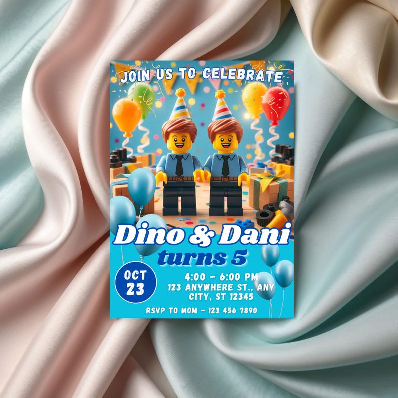 Editable Building Blocks Birthday Invitation for Boy Twins Building ...