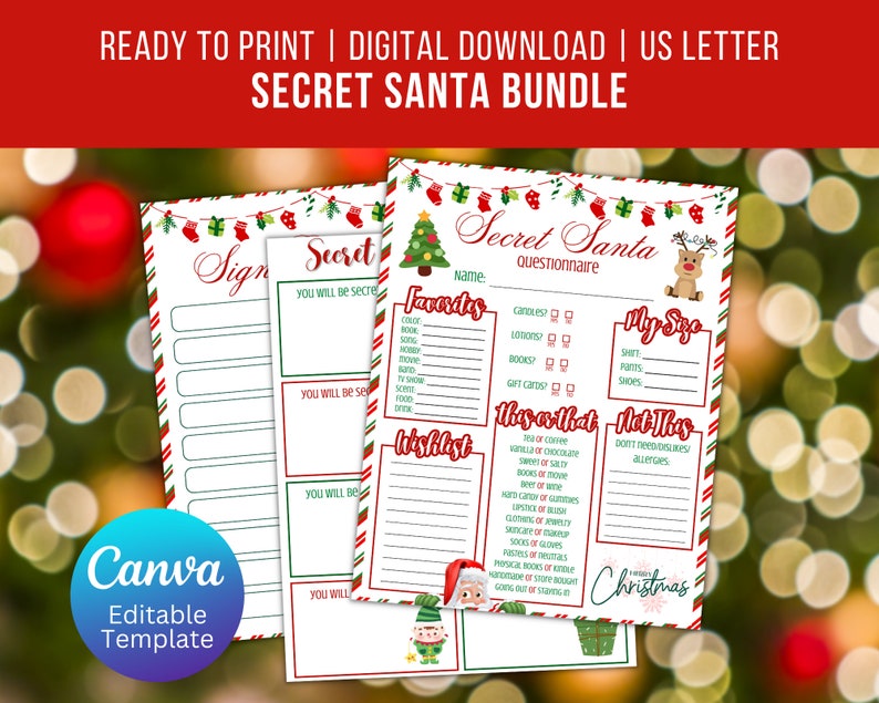 Secret Santa Questionnaire Printable Bundle for Gift Exchange & Holiday ...