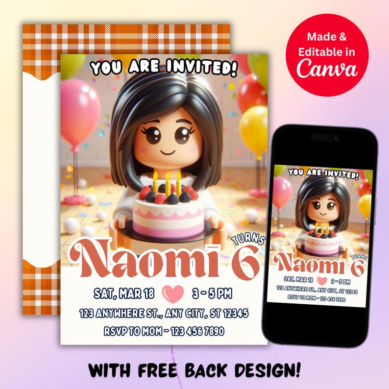 Editable Building Blocks Birthday Invitation for Girl Building Bricks ...