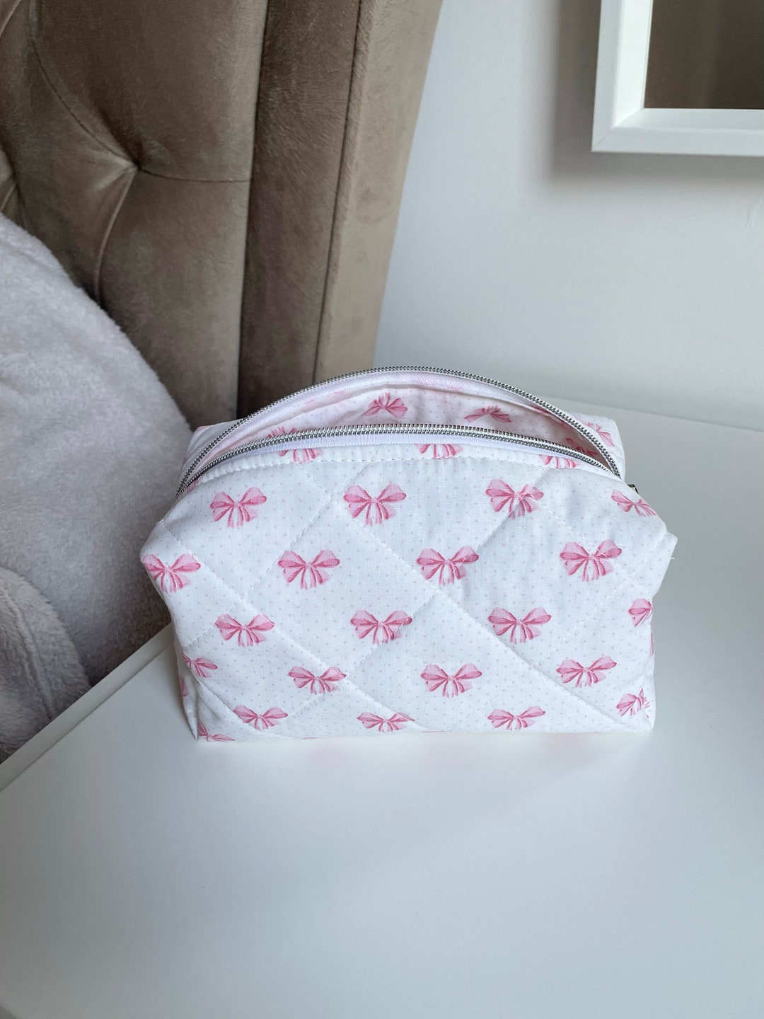 Pink Bow Ribbon Makeup Bag ,toiletry Bag It Girl Makeup Bag Quilted ...