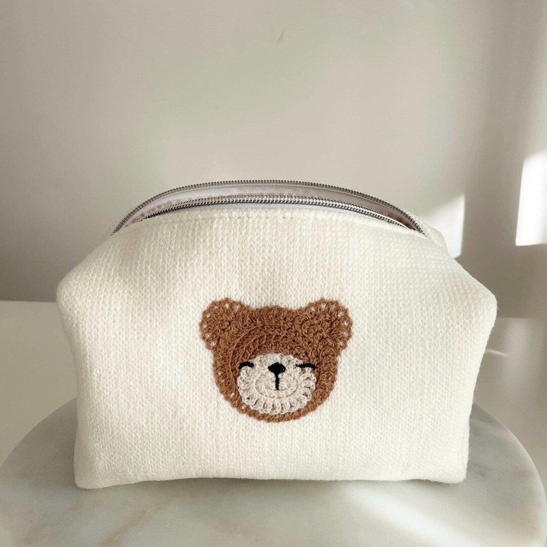 Cute Teddy Bear Crochet Makeup Bag - Knitted Cosmetic Bag - Teddy ...