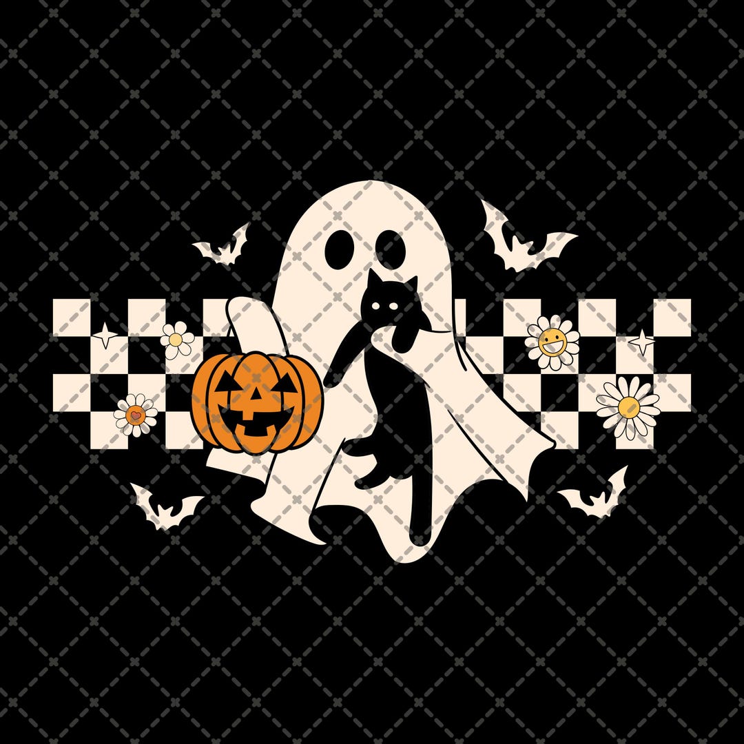 Retro Groovy Ghost With Black Cat and Pumpkin Png, Ghost Cat Halloween ...