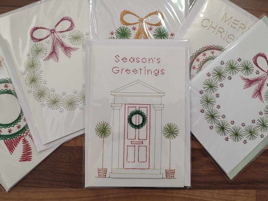 Hand Embroidered Sewn Threaded Greetings Card Christmas Wreath - Etsy